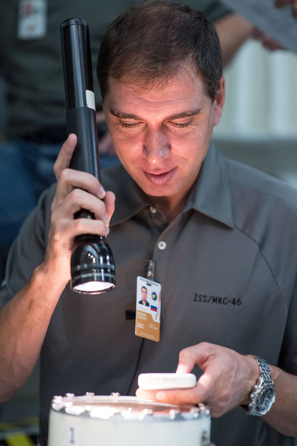 Sergei Volkov in Space Station Mock-up/Trainer - NASA