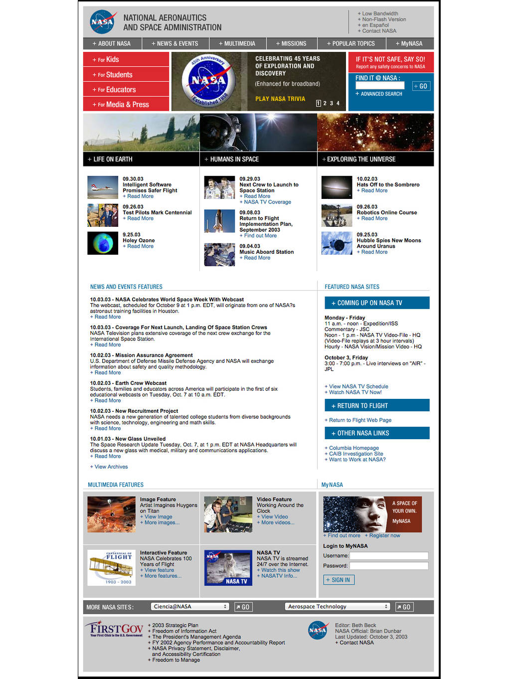 NASA Home Page Design, 2003-2007 - NASA