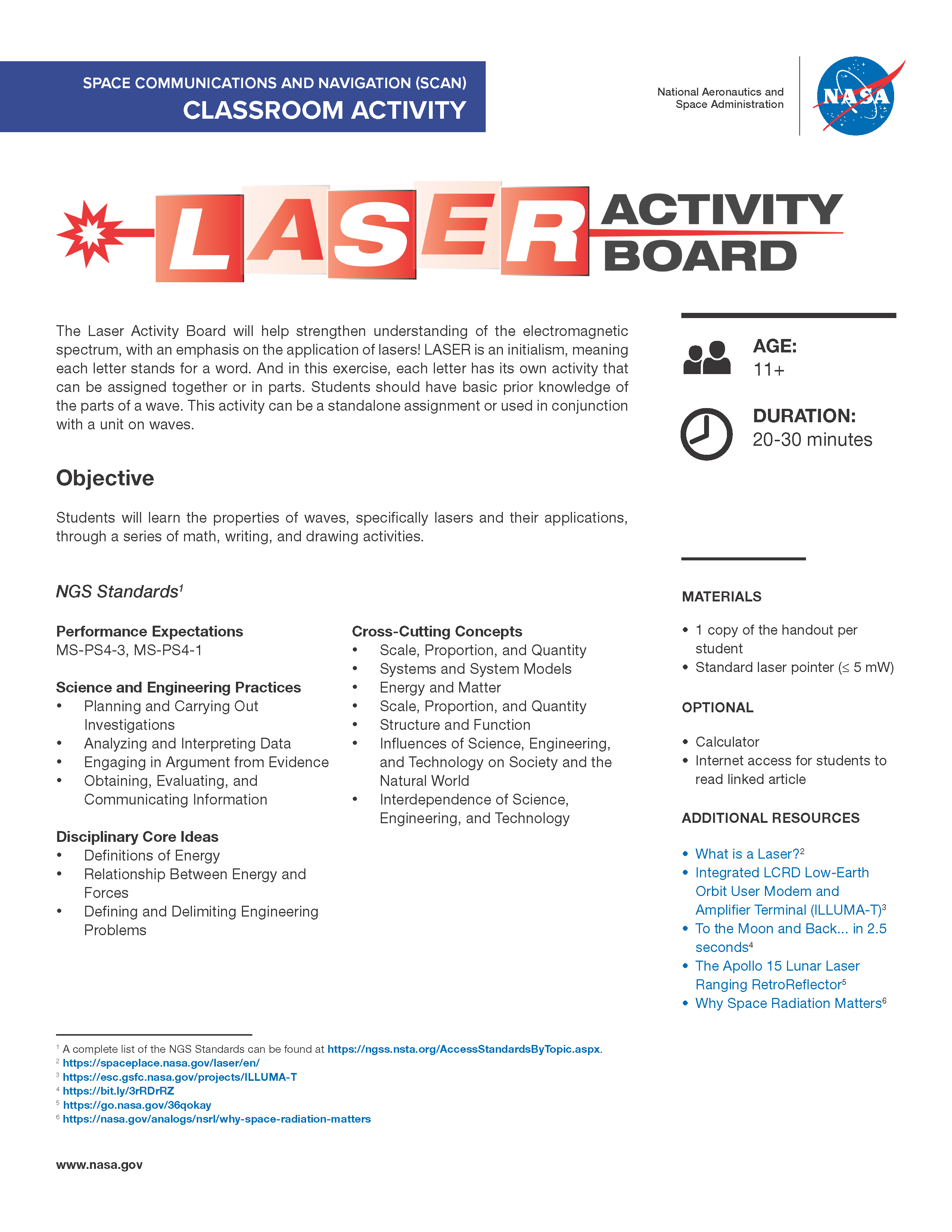 Laser Activity Board - NASA